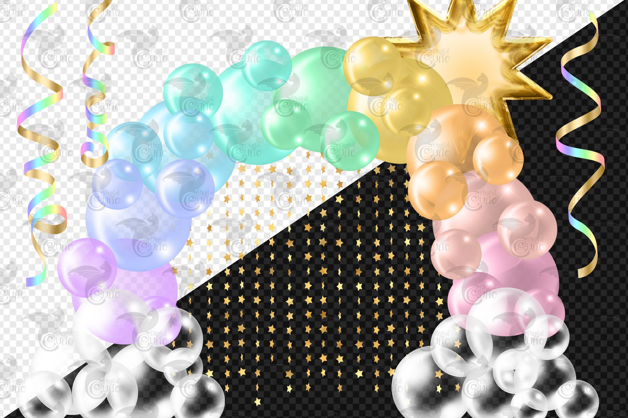 Pastel Rainbow Balloon Arch Clipart, Ribbons, Garlands (digital ...