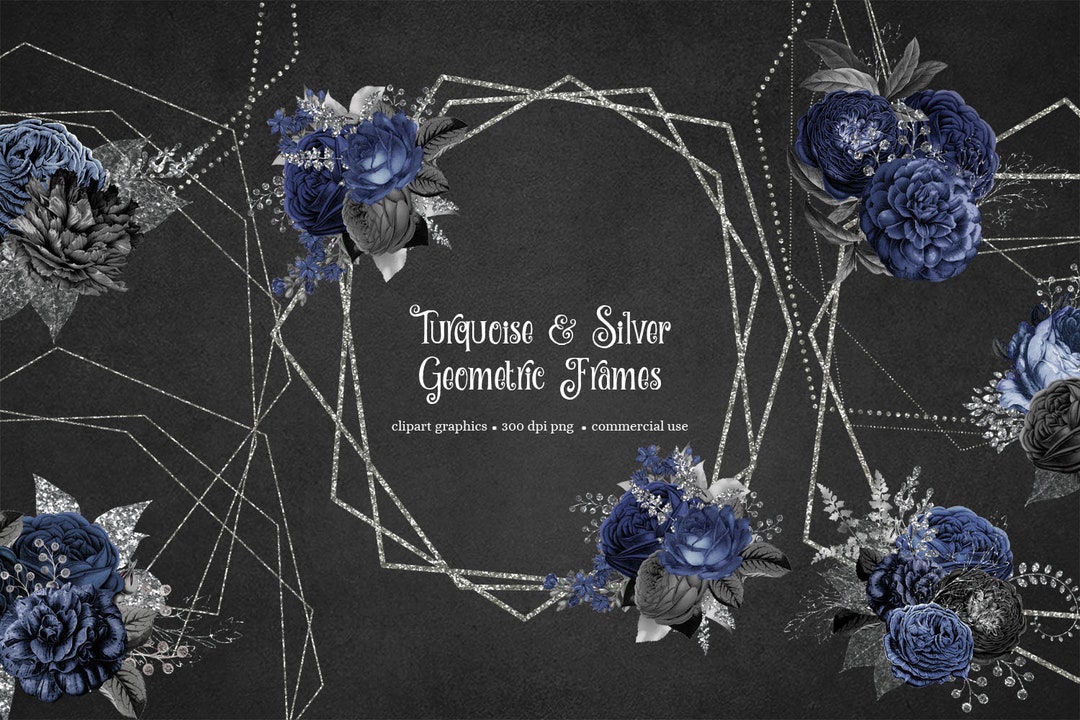 Navy and Silver Geometric Frames Clipart, Silver Glitter Polygonal ...