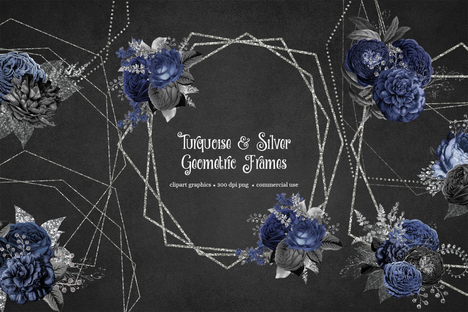 Navy and Silver Geometric Frames Clipart Silver Glitter | Etsy