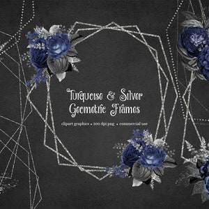 Navy and Silver Geometric Frames Clipart, Silver Glitter Polygonal ...