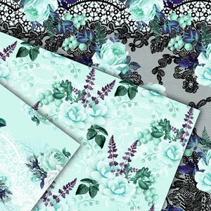 Aqua Floral Lace Digital Paper, Seamless Floral Patterns Rustic Flowers ...