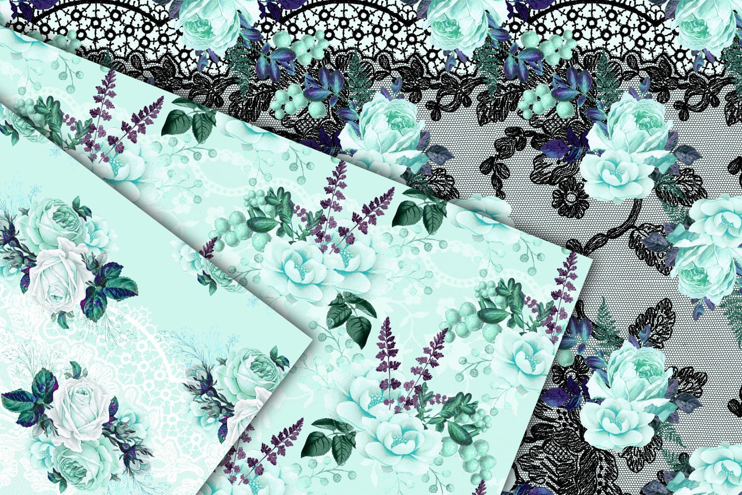 Aqua Floral Lace Digital Paper Seamless Floral Patterns - Etsy