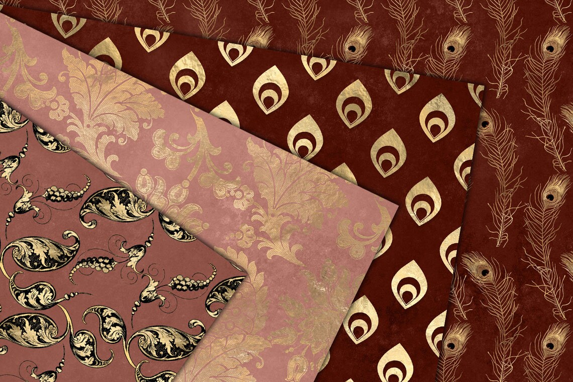 Coral and Gold Peacock Digital Paper Seamless Gold Peacock | Etsy