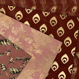 Coral and Gold Peacock Digital Paper, Seamless Gold Peacock Patterns ...