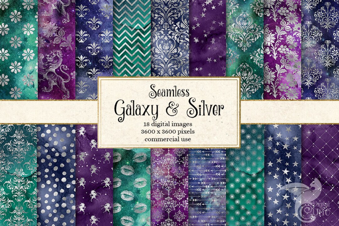 Galaxy and Silver Digital Paper, Seamless Silver Foil Patterns, Galaxy ...
