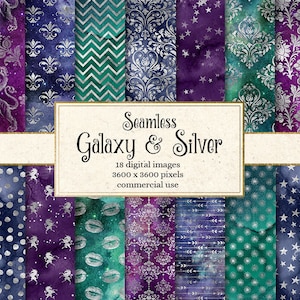 Galaxy and Silver Digital Paper, Seamless Silver Foil Patterns, Galaxy ...