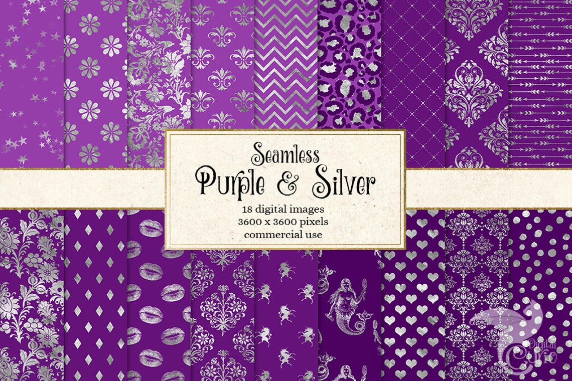 Purple and Silver Digital Paper Seamless Silver Foil Wedding - Etsy