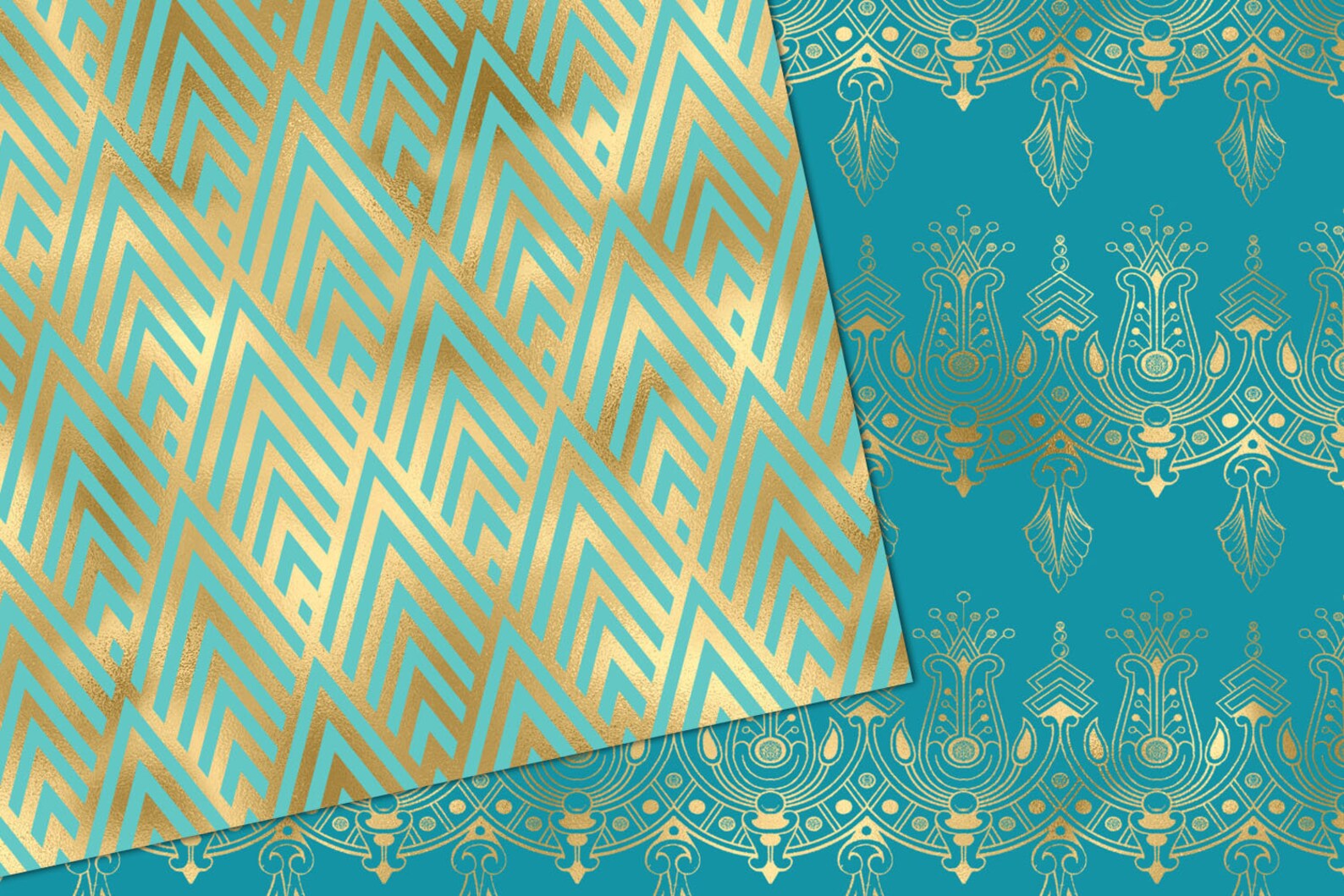 Turquoise and Gold Art Deco Digital Paper Seamless Deco - Etsy