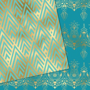 Turquoise and Gold Art Deco Digital Paper, Seamless Deco Patterns With ...