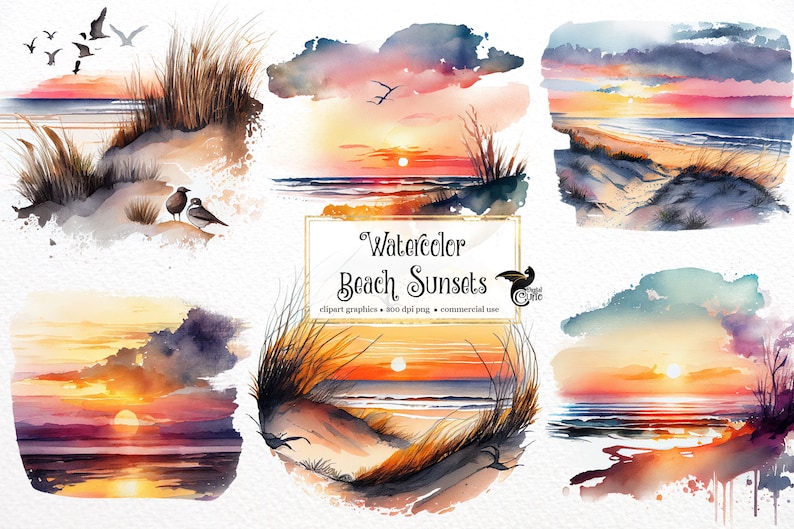 Watercolor Beach Sunsets Clipart Digital Graphics For Etsy Australia