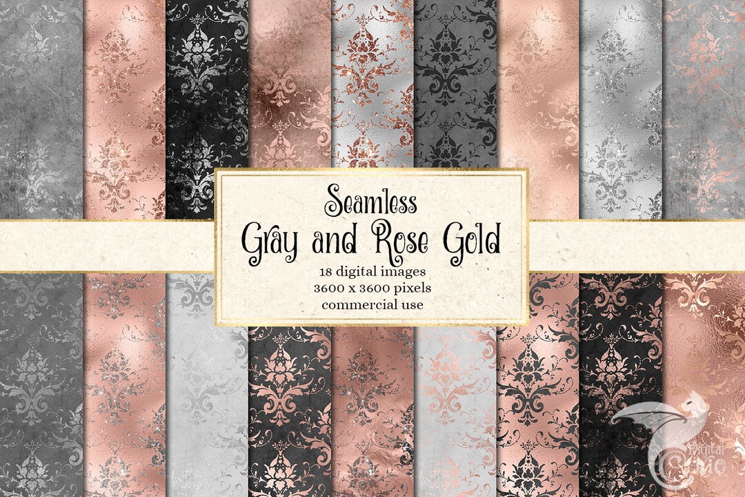 Gray and Rose Gold Damask Digital Paper, Seamless Silver Glitter and ...