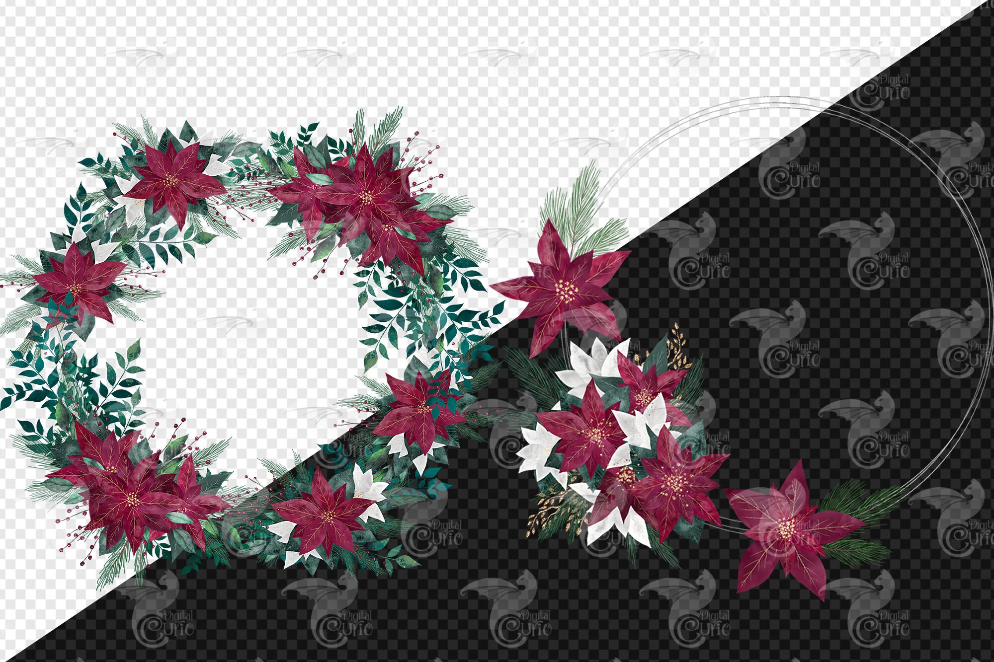 Poinsettia Wreath Clipart, Christmas Floral PNG Graphics (digital ...