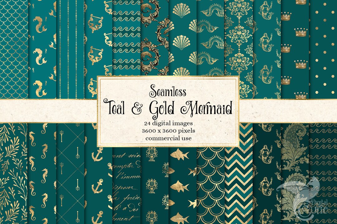 Teal and Gold Mermaid Digital Paper, Seamless Gold Mermaid Patterns ...