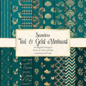Teal and Gold Mermaid Digital Paper, Seamless Gold Mermaid Patterns ...