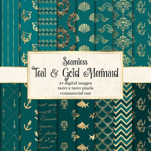Mermaid Dreams Digital Paper Seamless Ombre and Gold Foil - Etsy