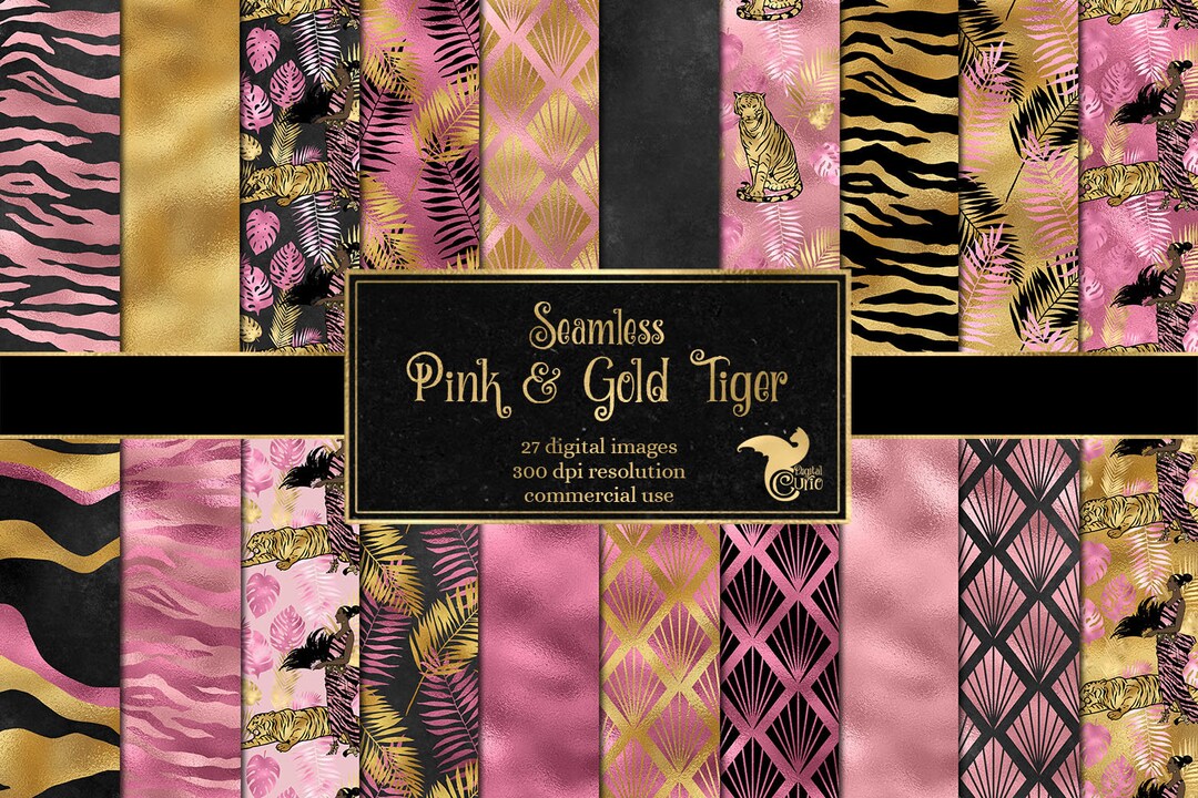 Pink and Gold Tiger Digital Paper, Seamless Tiger Stripe Patterns ...