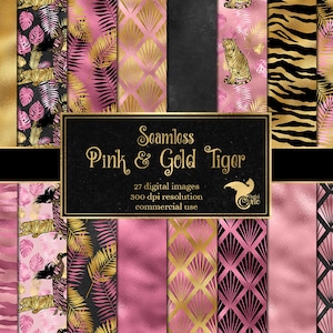 Pink and Gold Tiger Digital Paper, Seamless Tiger Stripe Patterns ...