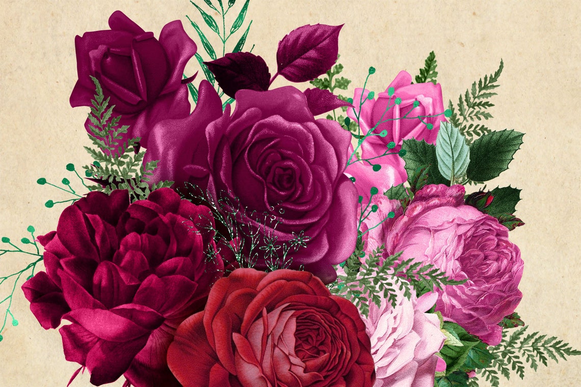 Magenta Floral Bouquet Clip Art, Watercolor Flowers, Butterflies ...