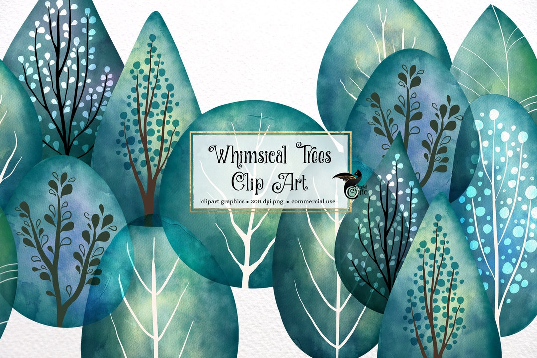 Whimsical Trees Clipart, Watercolor Foliage Png Clip Art, Commercial ...