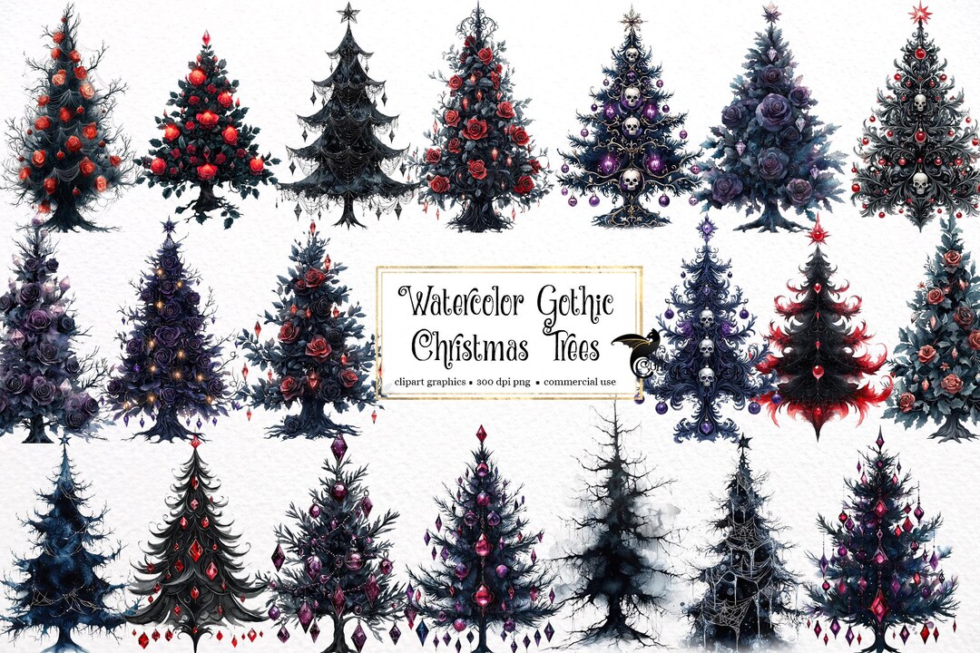 Watercolor Gothic Christmas Trees Clipart – Vampire Holiday PNG ...