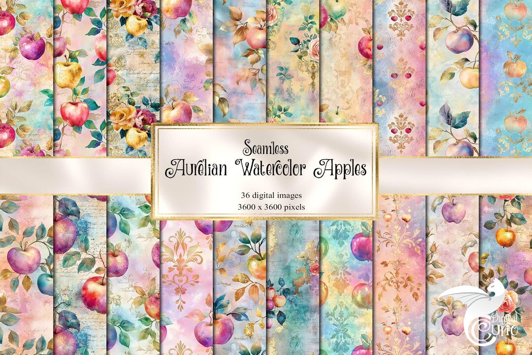 Aurelian Watercolor Apples Digital Paper, Seamless Vintage Apple ...