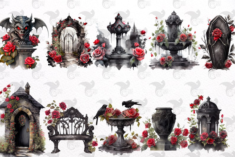 Watercolor Gothic Cemetery Clipart – Garden PNG Set (commercial Use) - Etsy