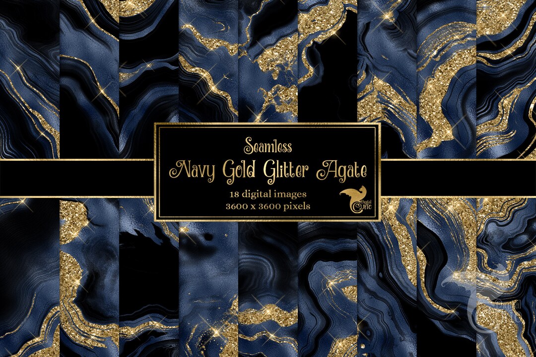 Navy Gold Glitter Agate Digital Paper, Geode Foil and Gold Glitter ...