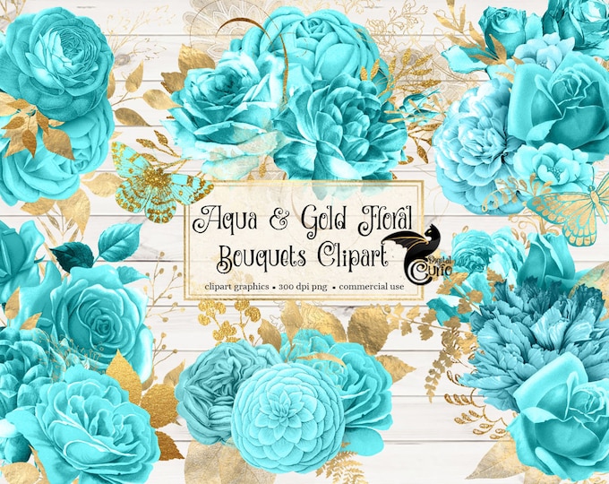 Aqua and Gold Floral Clip Art Digital Instant Download - Etsy