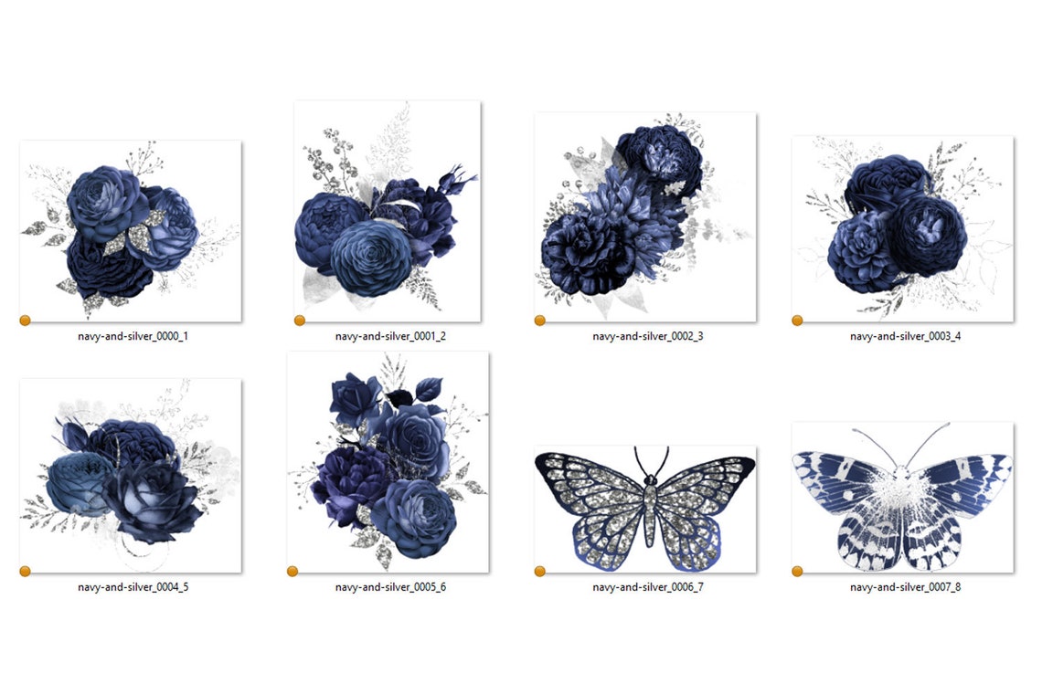 Navy and Silver Floral Clip Art Rustic Silver Glitter | Etsy