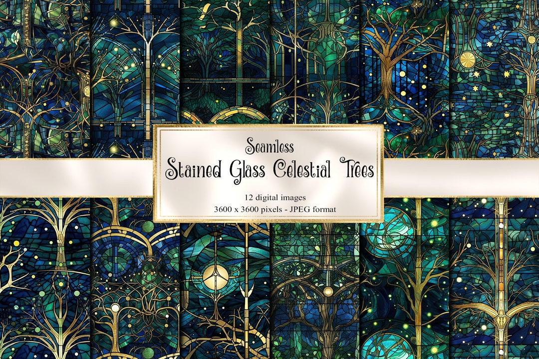 Stained Glass Celestial Trees Digital Paper, Seamless Printable Textures Printable Scrapbook ...