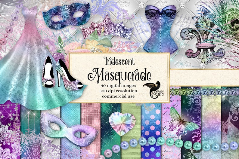 Iridescent Masquerade Clipart, Rainbow Mardi Gras Digital Paper ...