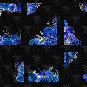 Royal Blue Floral Overlays, Silver Vintage Flower Clip Art (digital ...