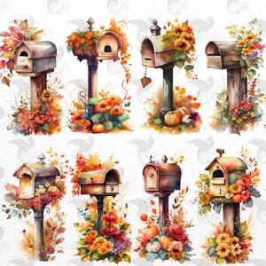 Watercolor Autumn Mailboxes Clipart - Cute Rustic Floral Post Boxes in ...