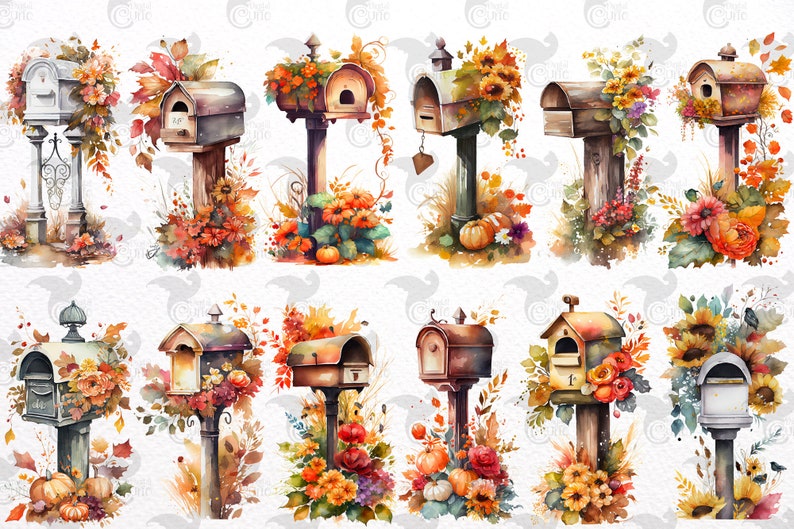 Watercolor Autumn Mailboxes Clipart Cute Rustic Floral Post - Etsy