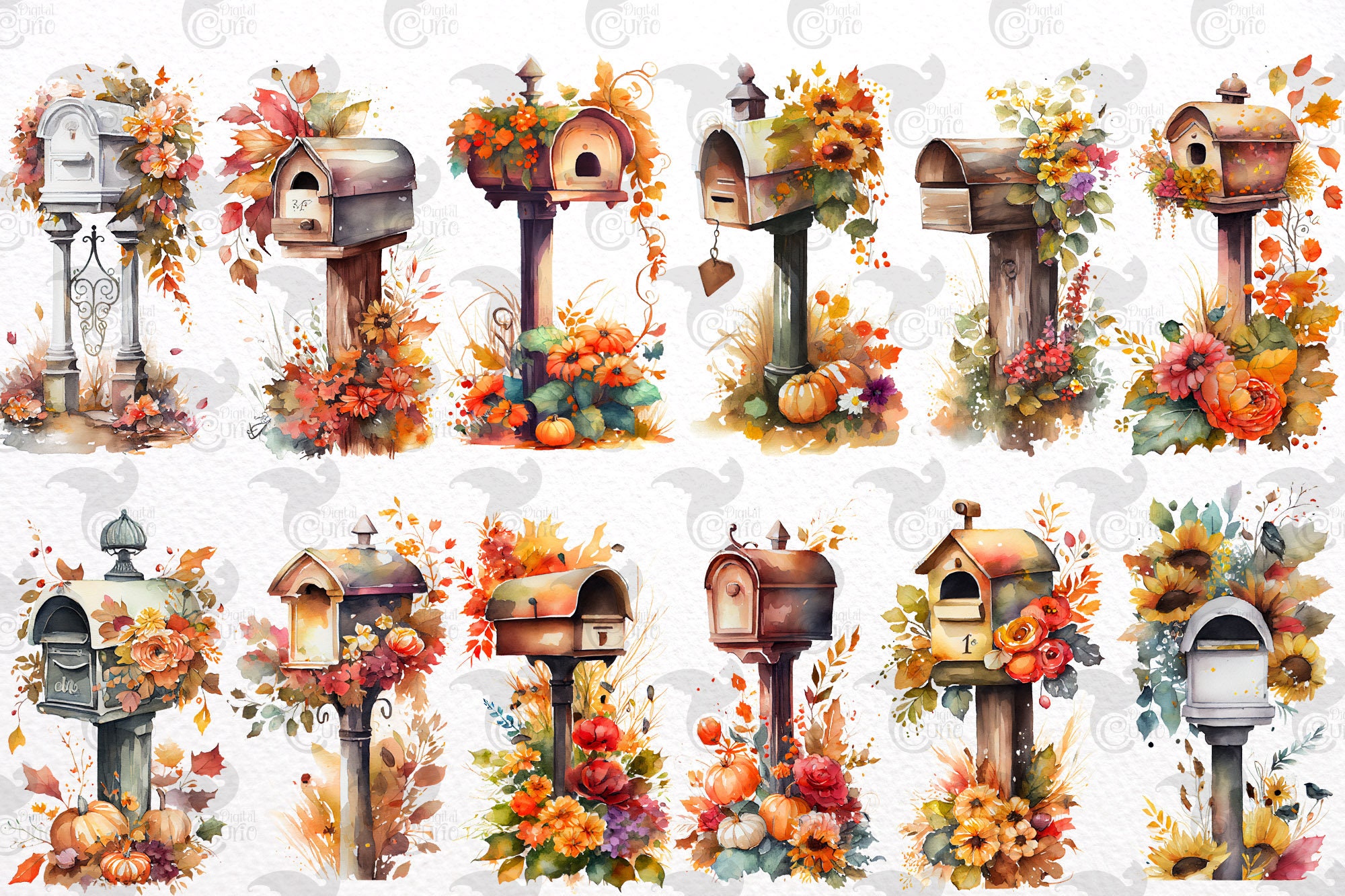 Watercolor Autumn Mailboxes Clipart – Rustic Floral PNG (digital ...