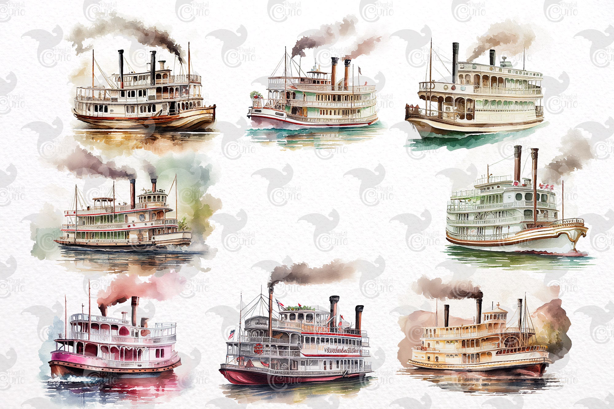 Watercolor Riverboat Clipart – Vintage Steamboat Graphics (PNG) - Etsy