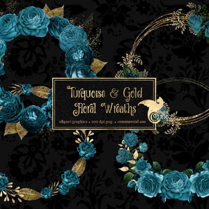 Turquoise and Gold Wreaths Clipart, Teal Rose Wreath Clip Art in PNG ...