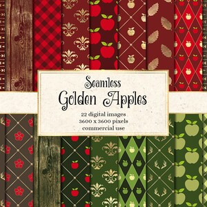 Golden Apple Digital Paper, Seamless Apple Patters in Red and Gold for ...