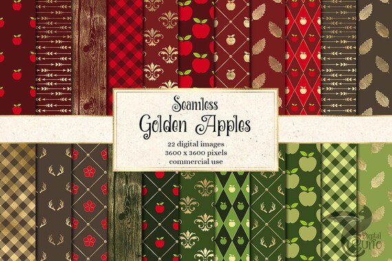Golden Apple Digital Paper Seamless Apple Patters in Red and | Etsy