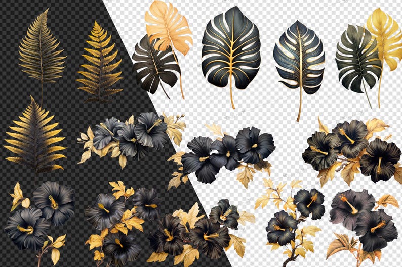 Black and Gold Tropical Clipart - Leaves and Flowers in PNG Format for ...