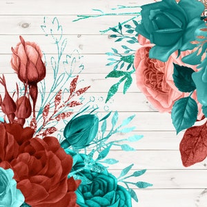 Turquoise and Coral Floral Clip Art, Digital Instant Download Wedding ...