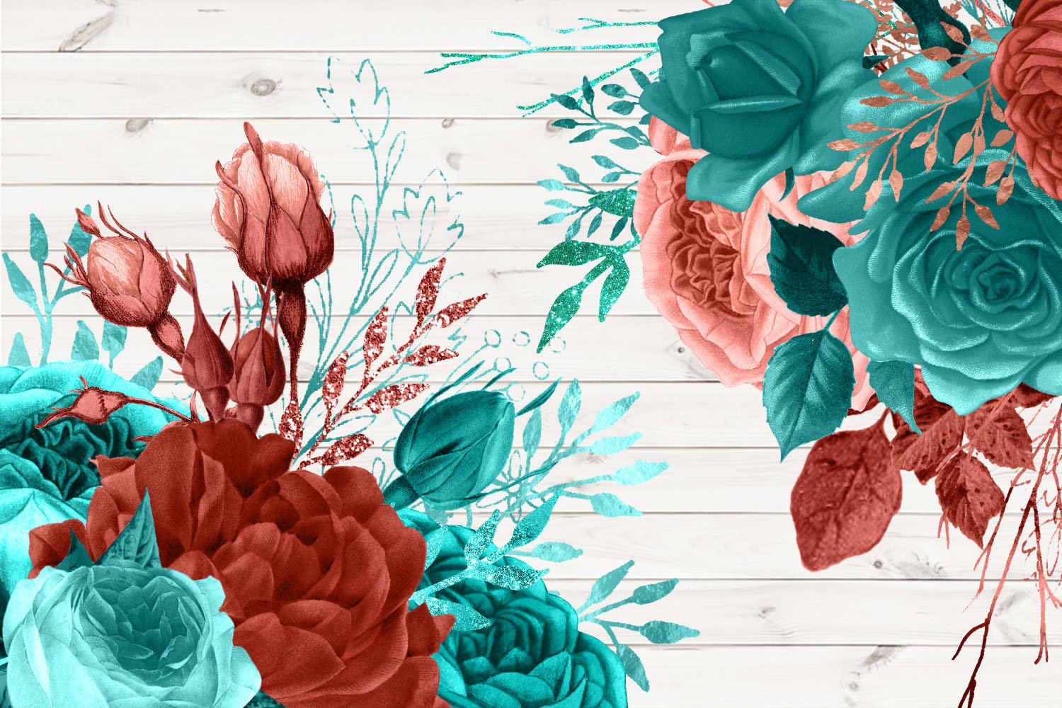 Turquoise and Coral Floral Clip Art Digital Instant Download - Etsy