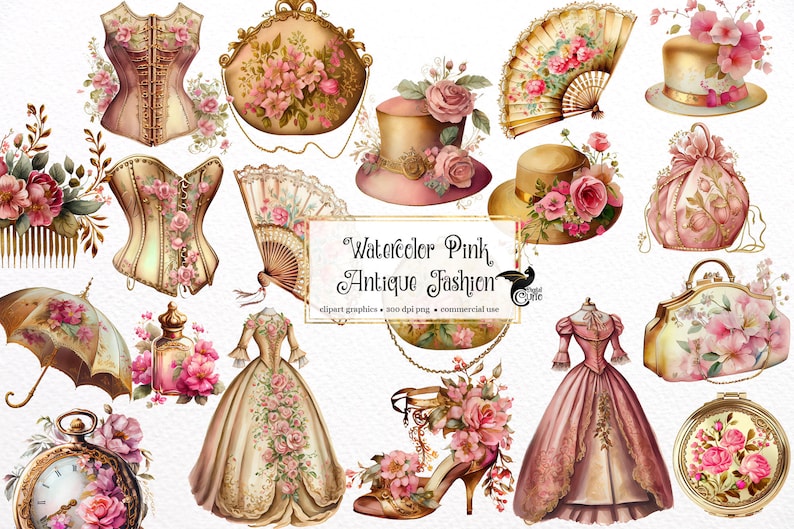 Watercolor Pink Antique Fashion Clipart Vintage Shabby PNG - Etsy