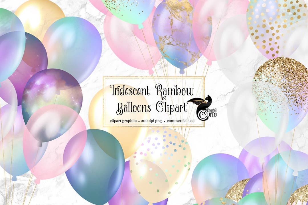 Rainbow Balloons Clipart – Iridescent Pastel Party Graphics (digital ...