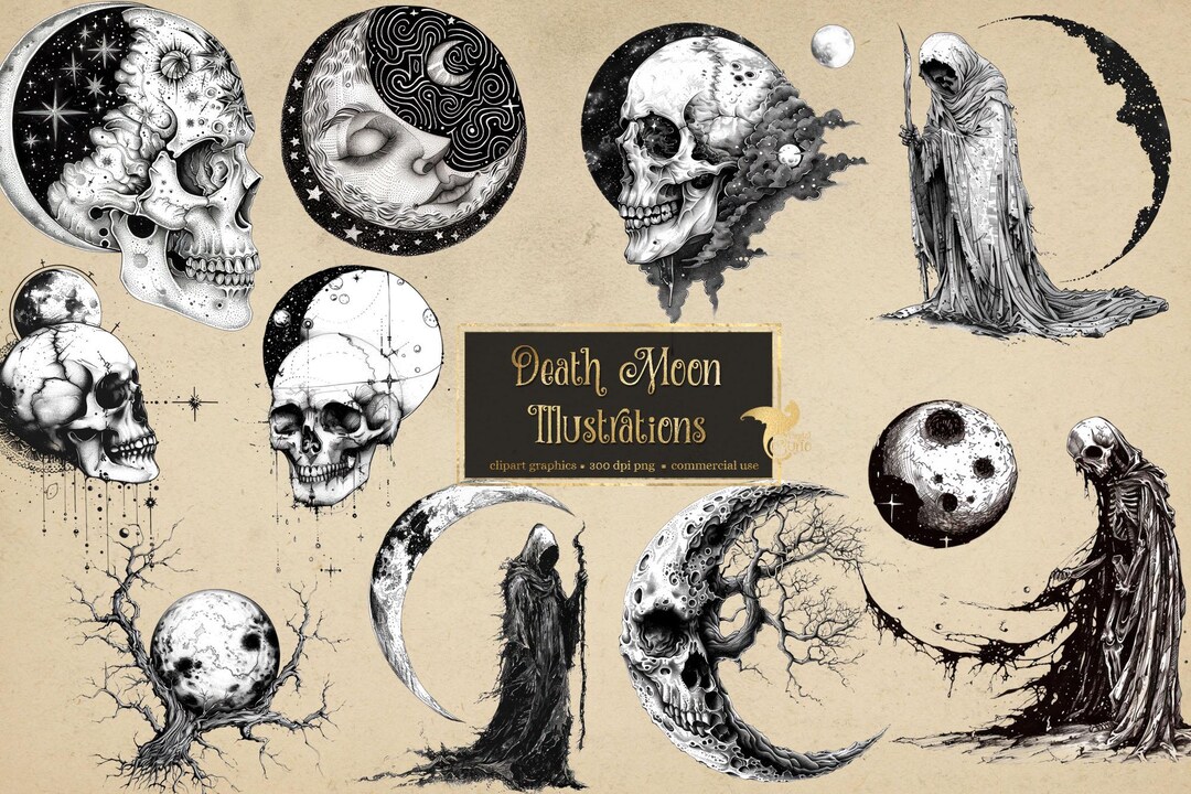 Death Moon Illustrations - Antique Halloween Clip Art Overlays in Png ...