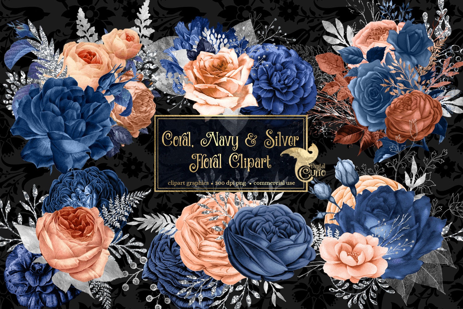 Coral Navy Silver Floral Bouquets Clipart Digital Instant - Etsy