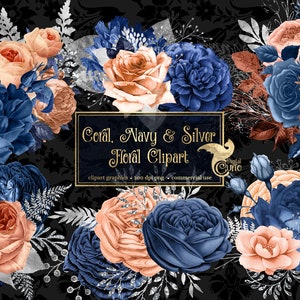 Coral Navy Silver Floral Bouquets Clipart, Digital Instant Download ...