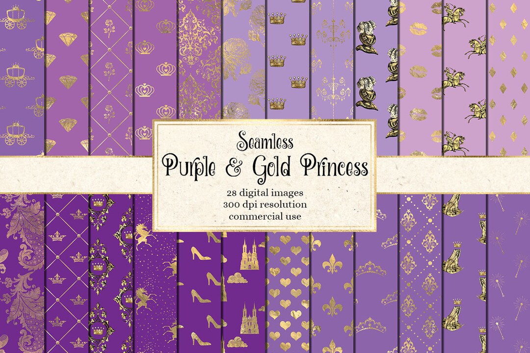 Purple and Gold Princess Digital Paper, Seamless Princess Patterns ...