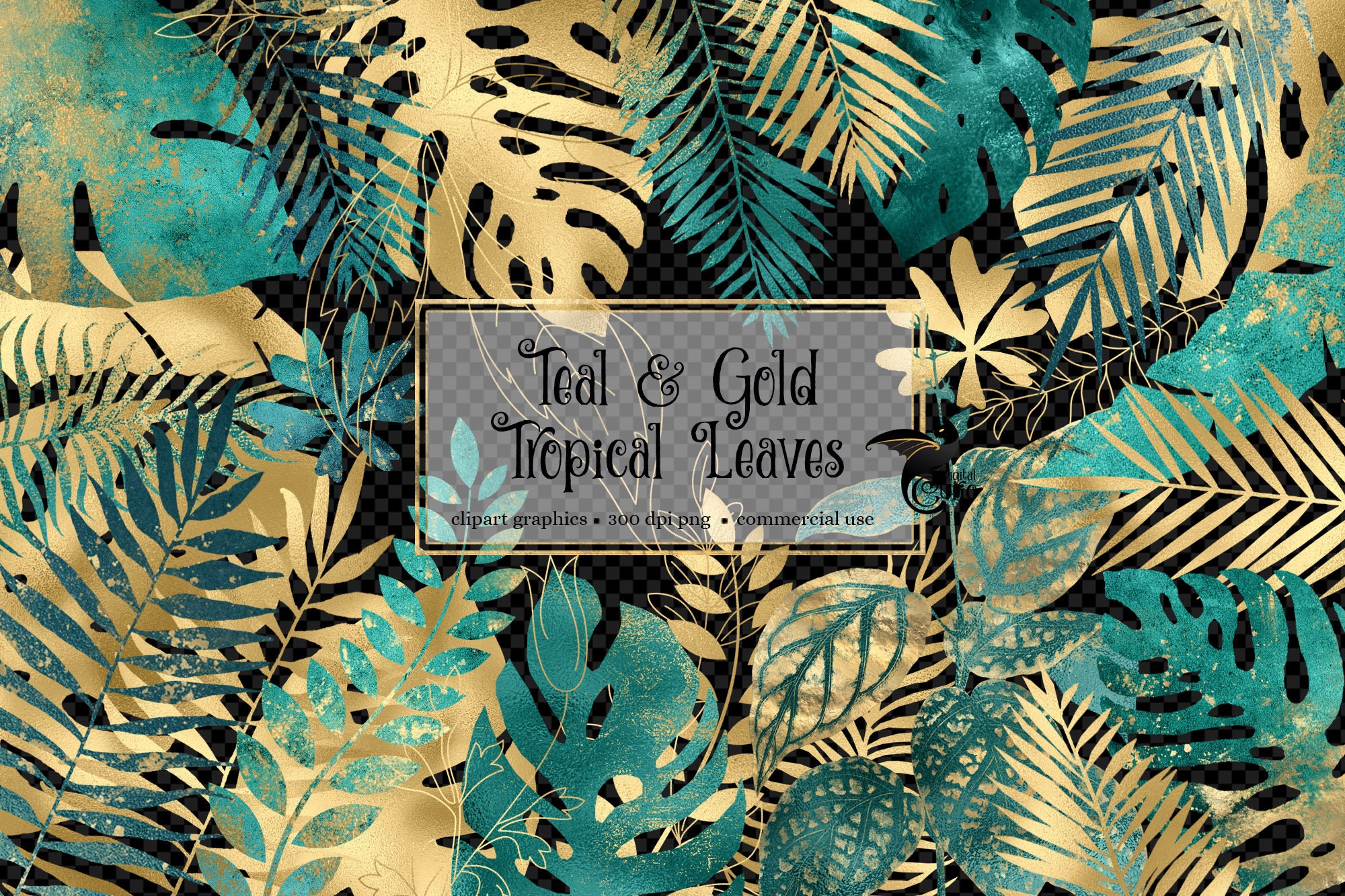 Teal and Gold Tropical Leaves Clipart Turquoise and Gold Foil - Etsy