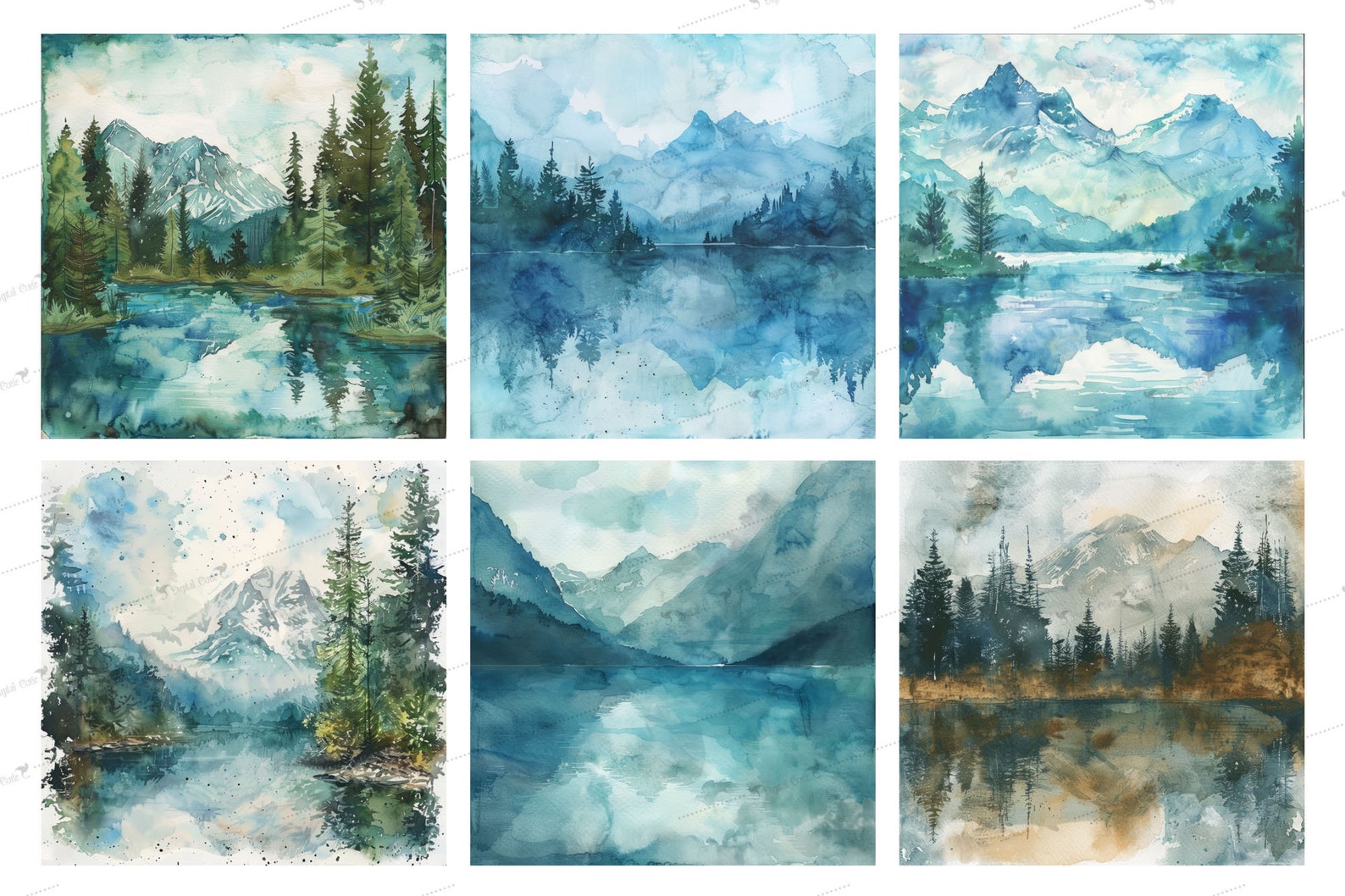 Watercolor Alpine Lakes Backgrounds, Watercolour Wash Digital Paper ...